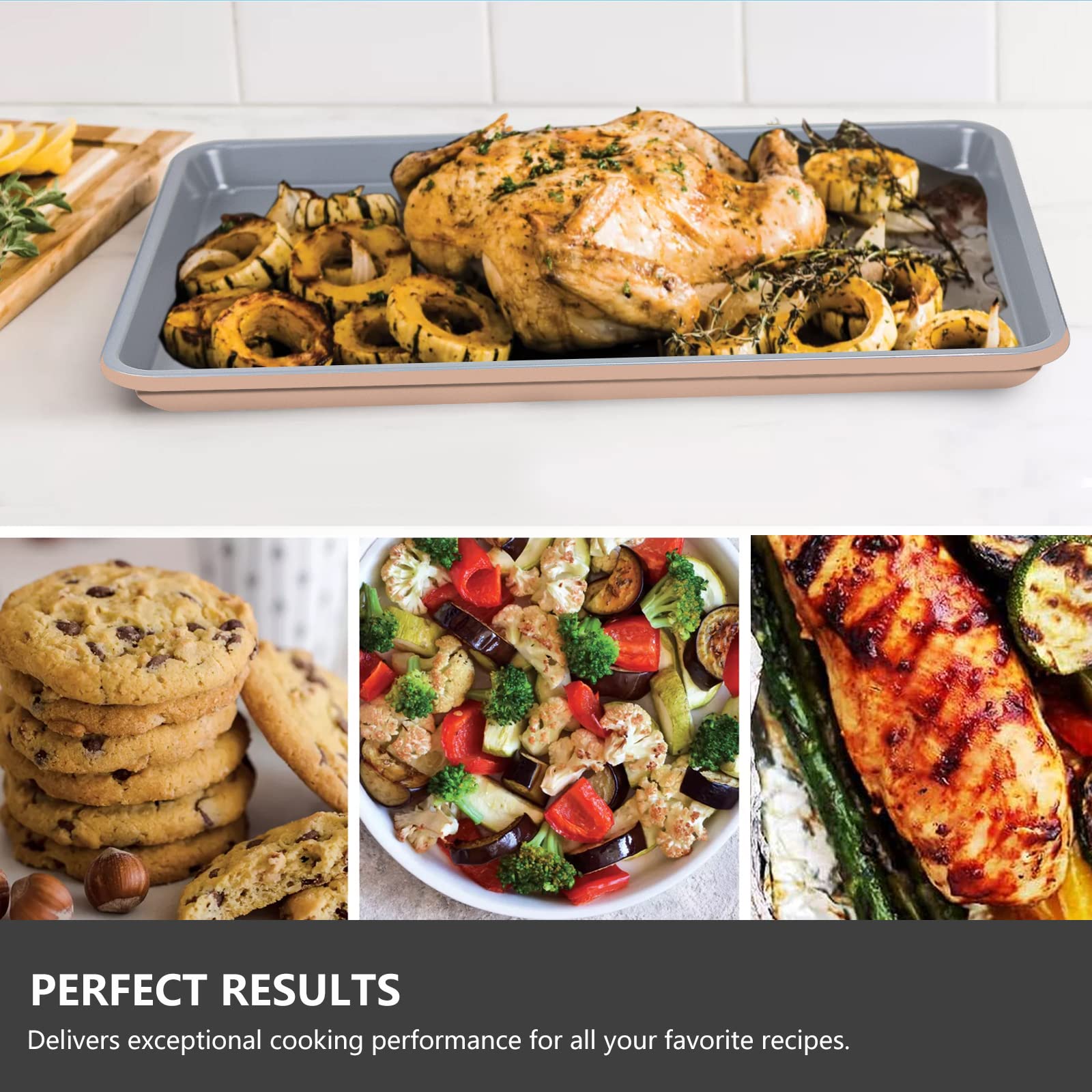Baking Sheet with Rack Set (2 Pans + 2 Racks), Bicolor Baking Pan with Cooling Rack, Nonstick Cookie Sheet, Warp Resistant & Heavy Duty & Rust Free (Dark Navy & Grey)