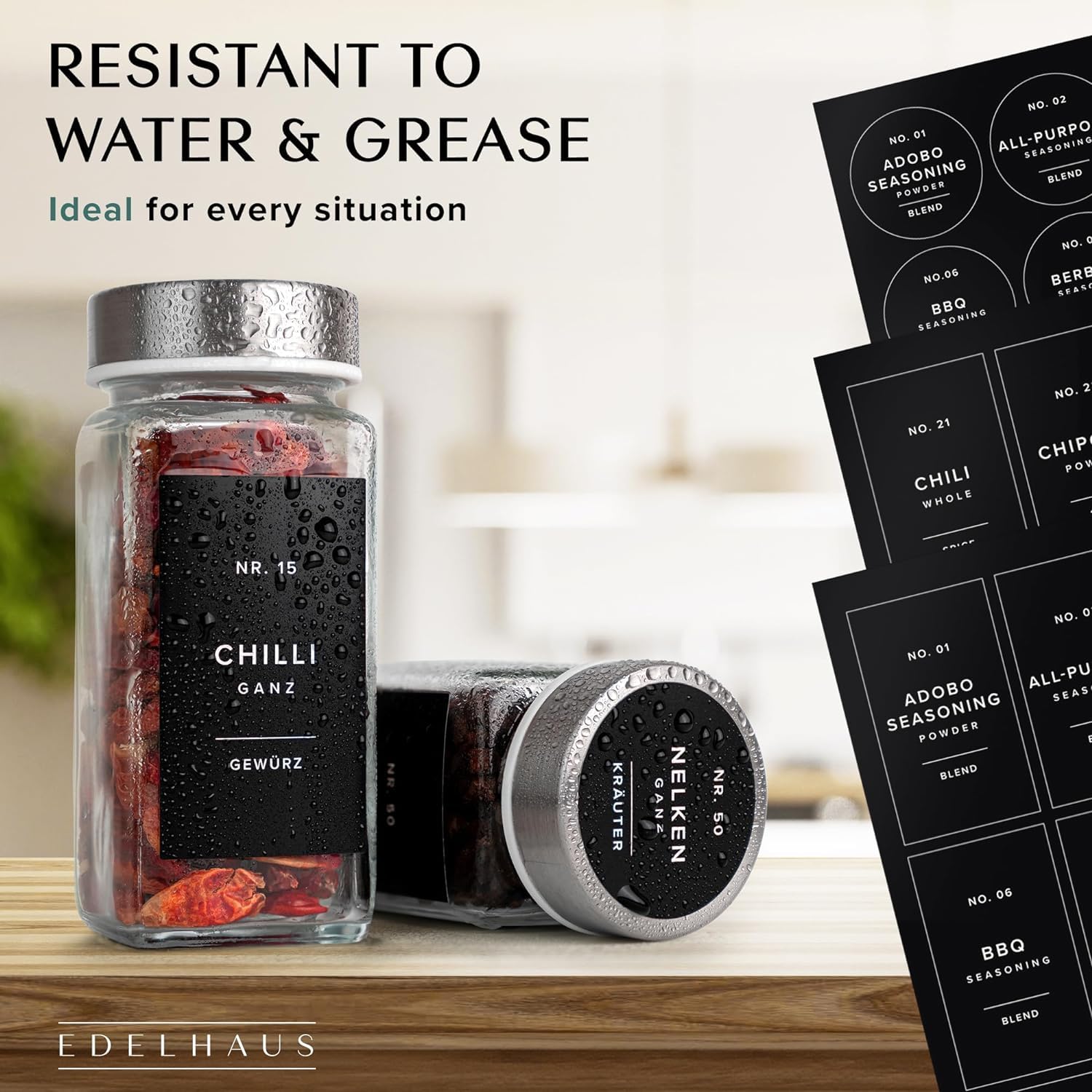 EDELHAUS Glass Spice Jars with Label and Stainless Steel Lids (24 x 4oz) Spice Containers with 240 Labels, Shaker Inserts, Steel Funnel, Empty Square Empty (Stainless steel Lid)