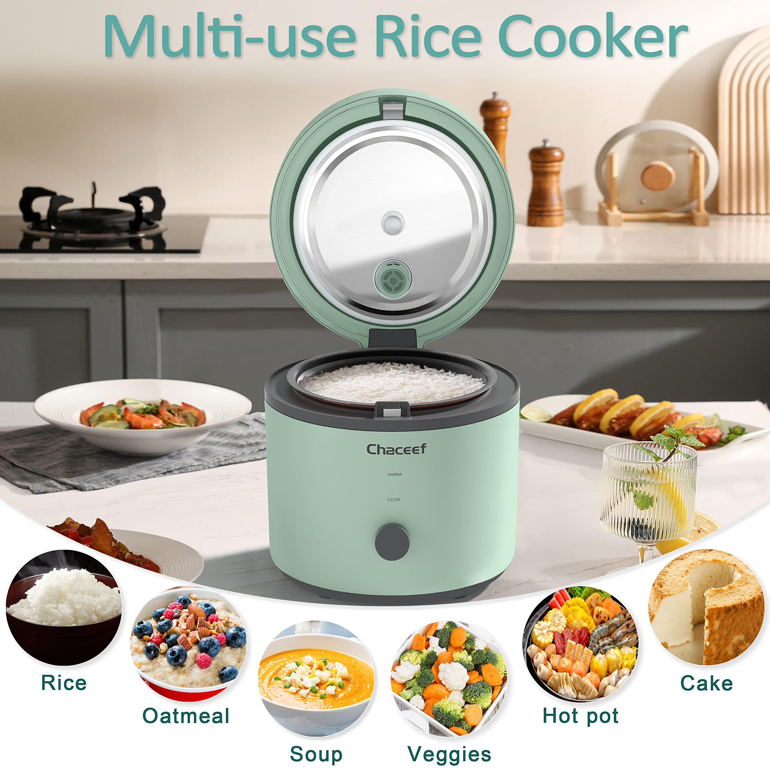 CHACEEF Rice Cooker 3-Cups Uncooked, Green & CHACEEF Travel Electric Kettle, Pink