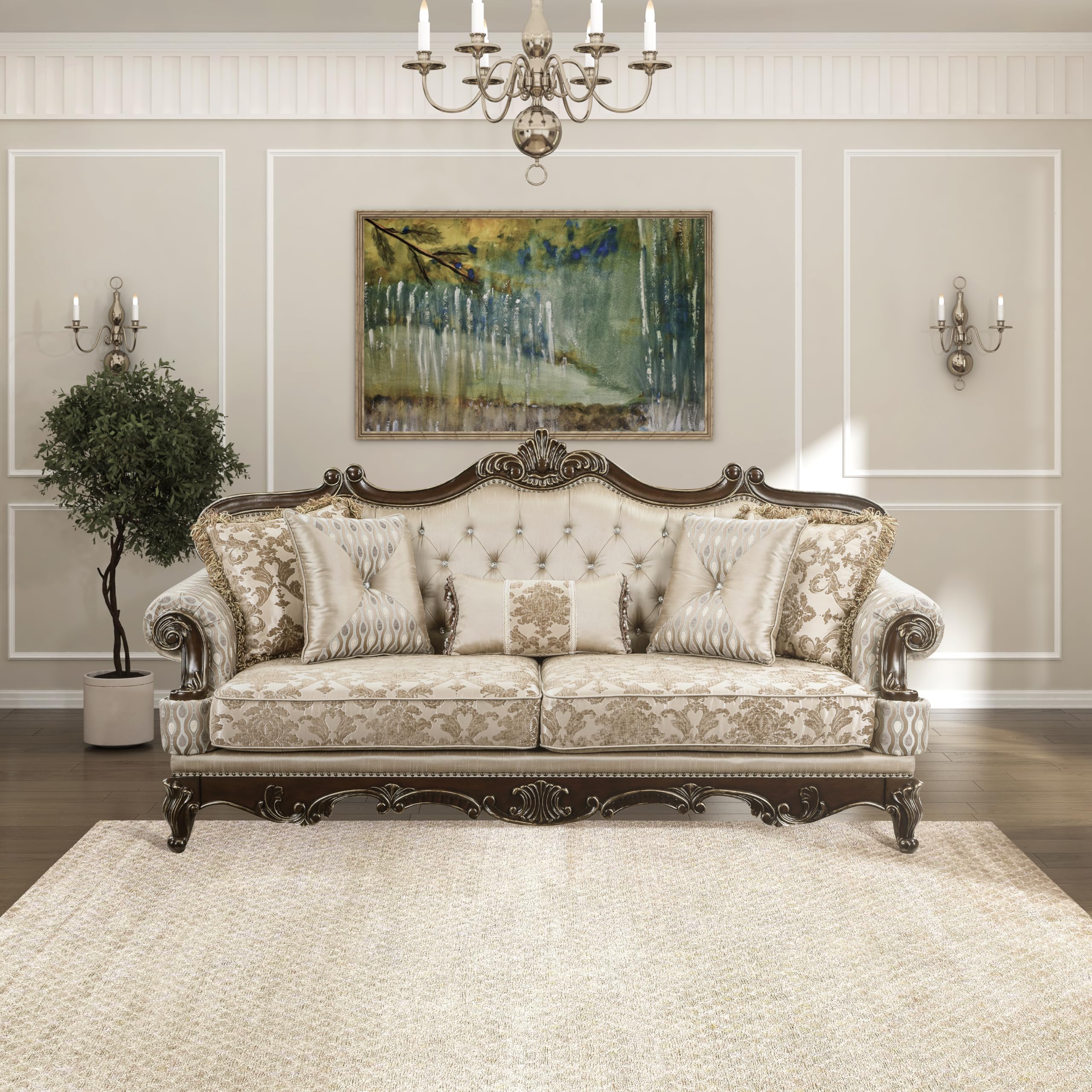 Lexicon Traditional Sofa Couch for Living Room, Rolled Arm Sofa with 5 Accent Pillows, Tufting, Queen Legs in Cherry Finish with Gold Tipping, Upholstered Living Room Furniture, 3 Seater Couch, Brown