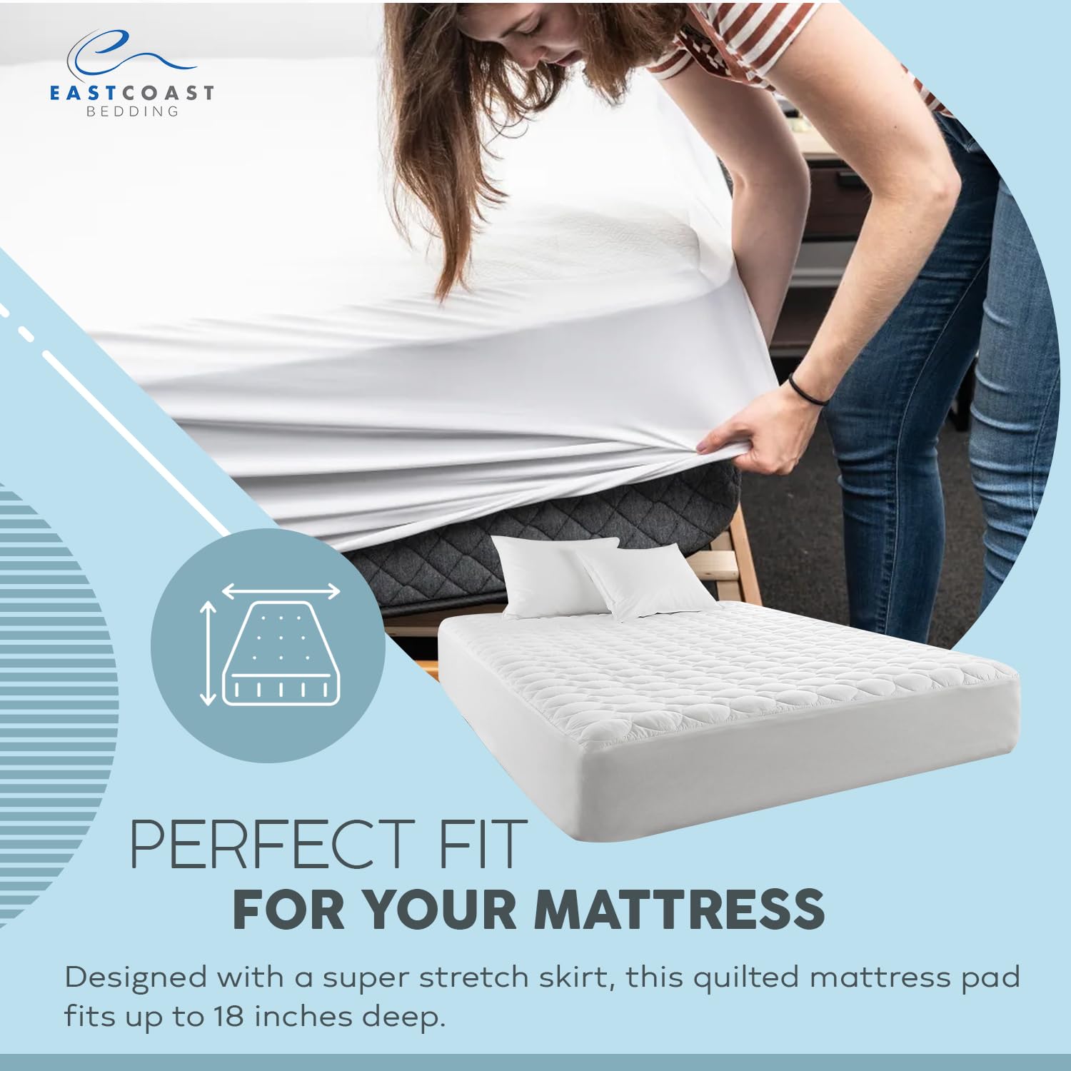 East Coast Queen Size Fitted Mattress Pad Protector - Breathable Quilted Soft Cotton Mattress Pad Cover Bedding Topper Protection, Moisture Resistant, 300 Thread Ct 18 Inch Deep Machine Washable