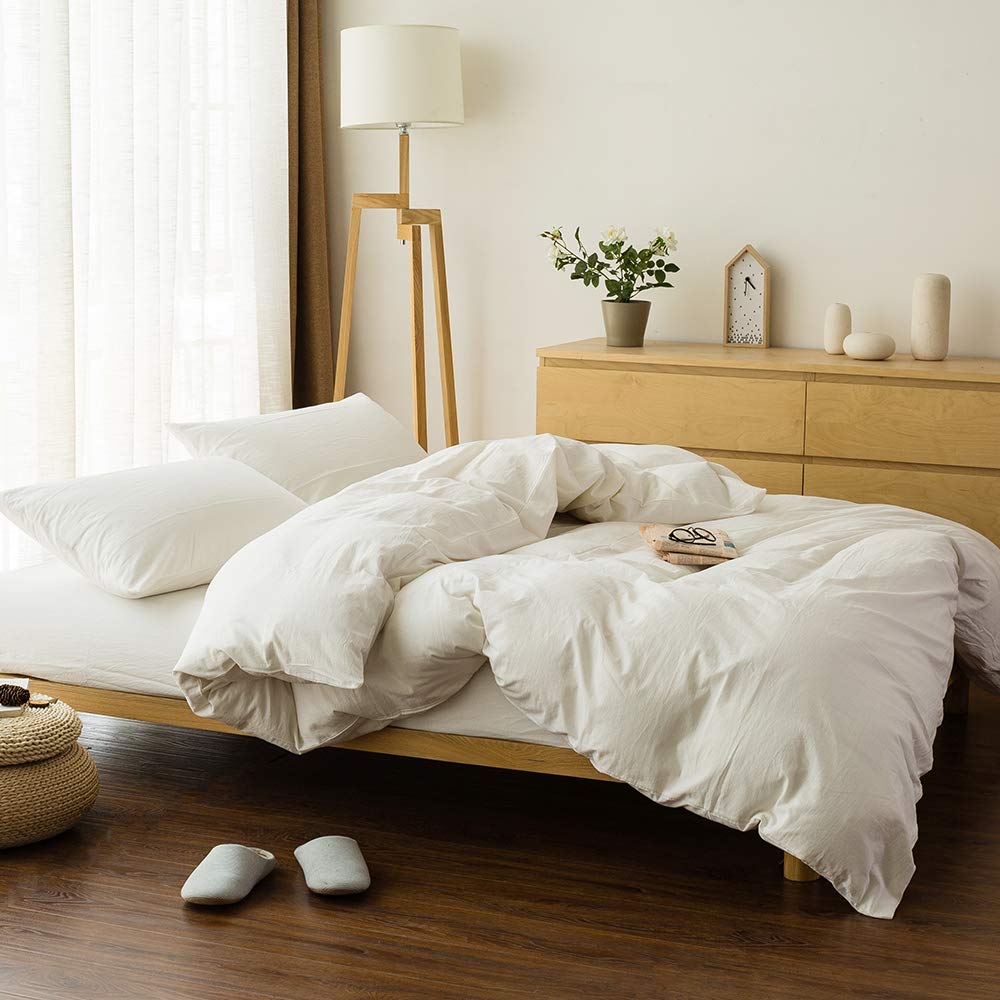 EMME White Cotton Duvet Cover Queen Size 3-Piece Set Soft Cotton Bedding Comforter Cover Full Size with 2 Pillow Shams Solid Color (White, Full/Queen)