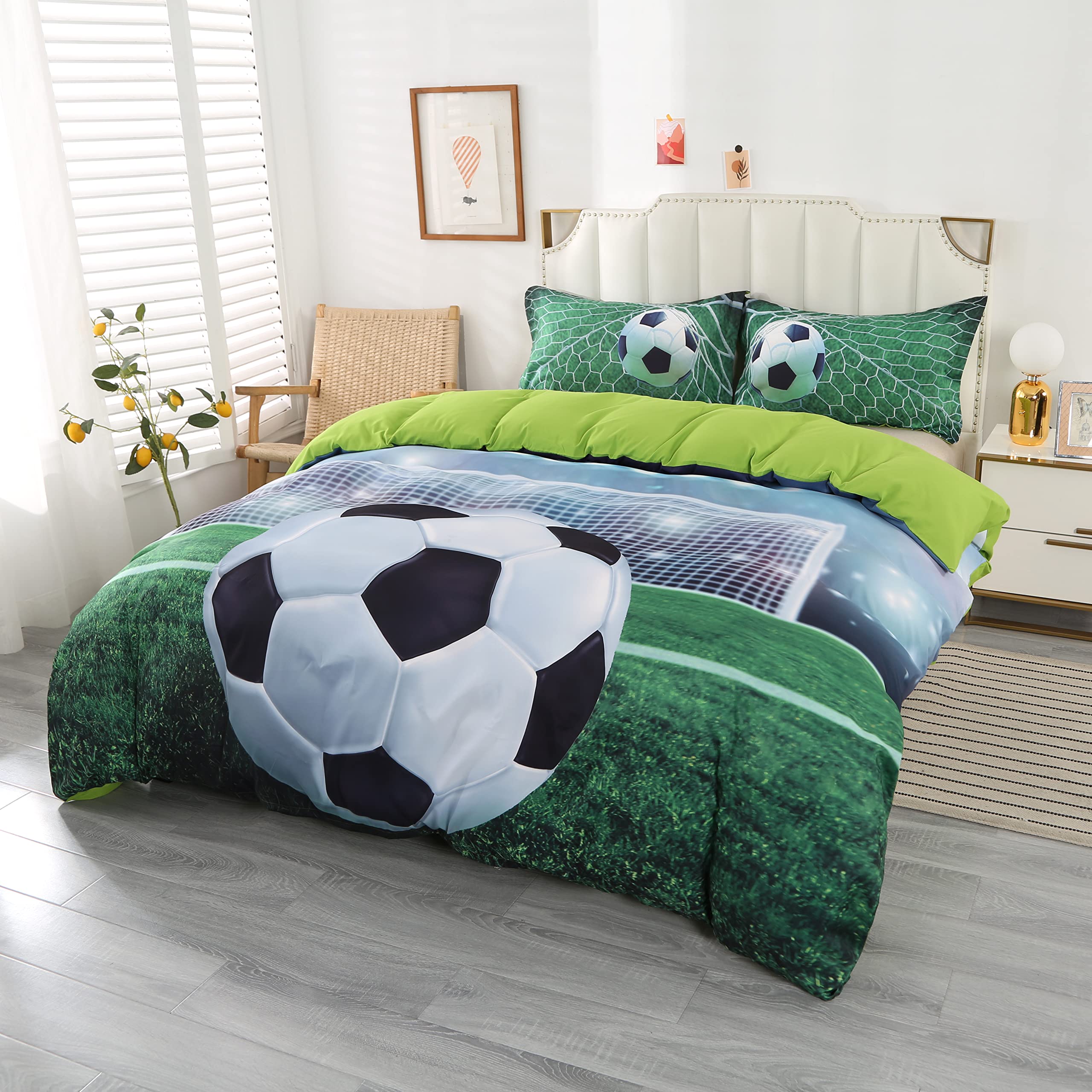 ENJOHOS Green Kids Duvet Cover Queen, 3 Piece 3D Soccer Bedding for All Season, Sports Theme Microfiber Comforter Cover Set with 2 Pillowcase(No Comforter No Fitted Sheet)