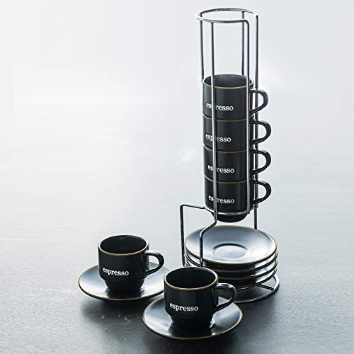 Espresso Cups with Saucers Set, 4 Ounces Demitasse Cups and Metal Stand Porcelain Coffee Cups, Stackable Mugs for Espresso Latte Cafe Mocha and Tea, Set of 6