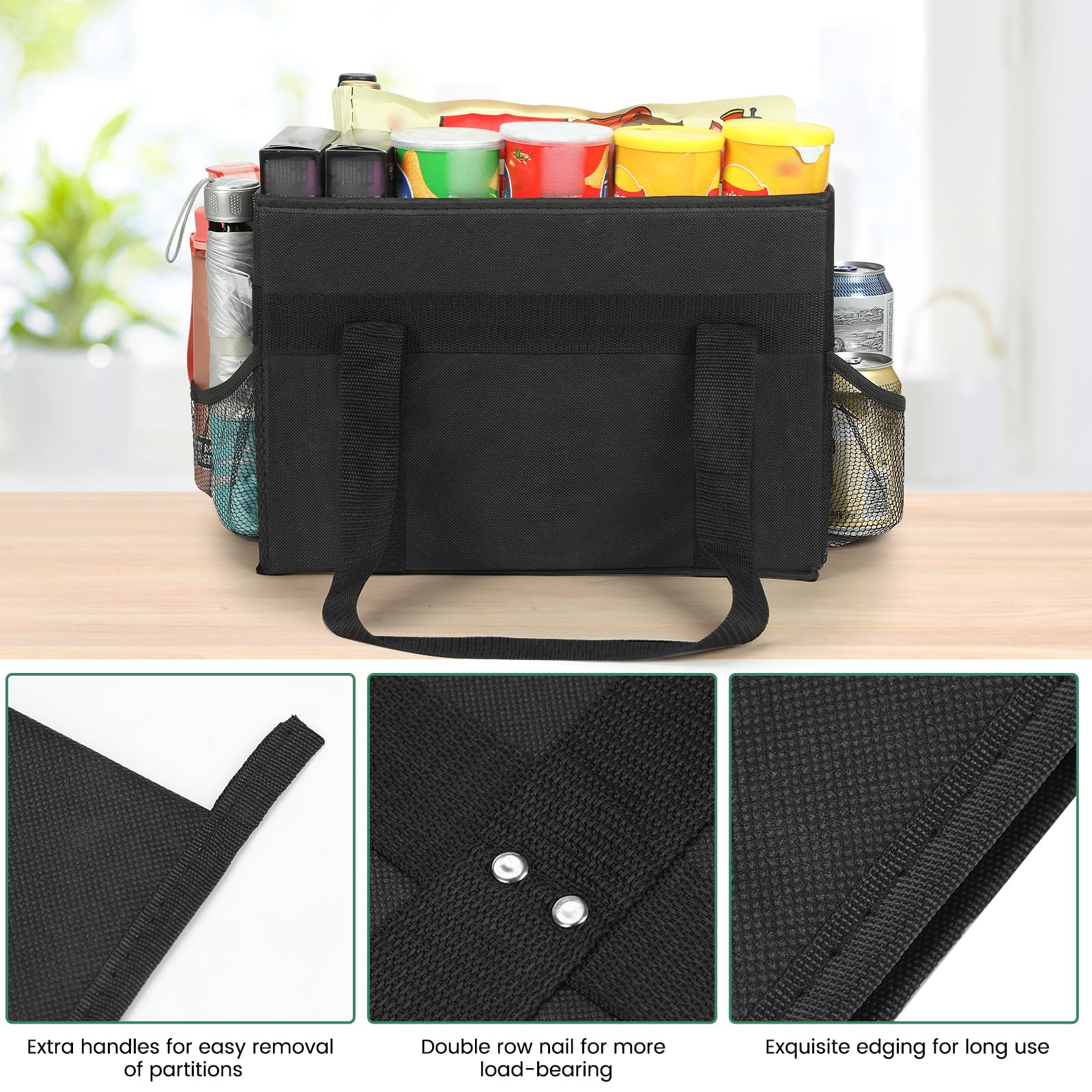 Carbrea Reusable Grocery Bags - 3 Pack Foldable Shopping Bags with 2 Side Mesh Pockets Utility Tote Bag with Widened Webbing for Groceries Storage Shopping Picnic - Black