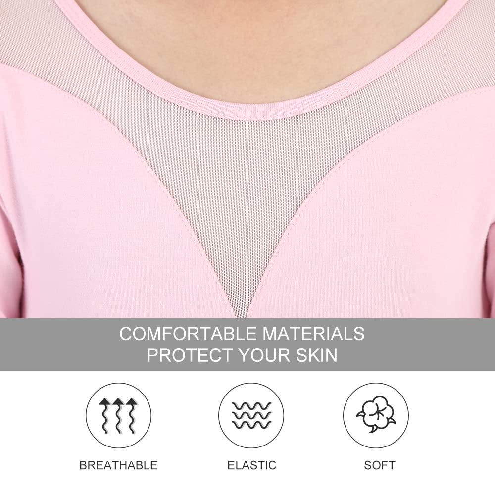bilo Dance Leotards Girls Ballet V-Shaped Front Round Neck Back Long Sleeve (Pink, Size 140 (10-12Y))