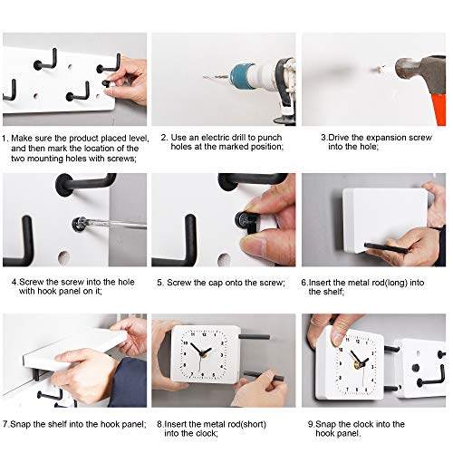 Entryway Coat Hooks with Shelf and Clock, Wall-Mounted Hanging Rack, Hallway/Living Room/Bedroom Organize and Decor Display Hook Rack. Bamboo Wood Body with 8 Metal Hooks, White Colour