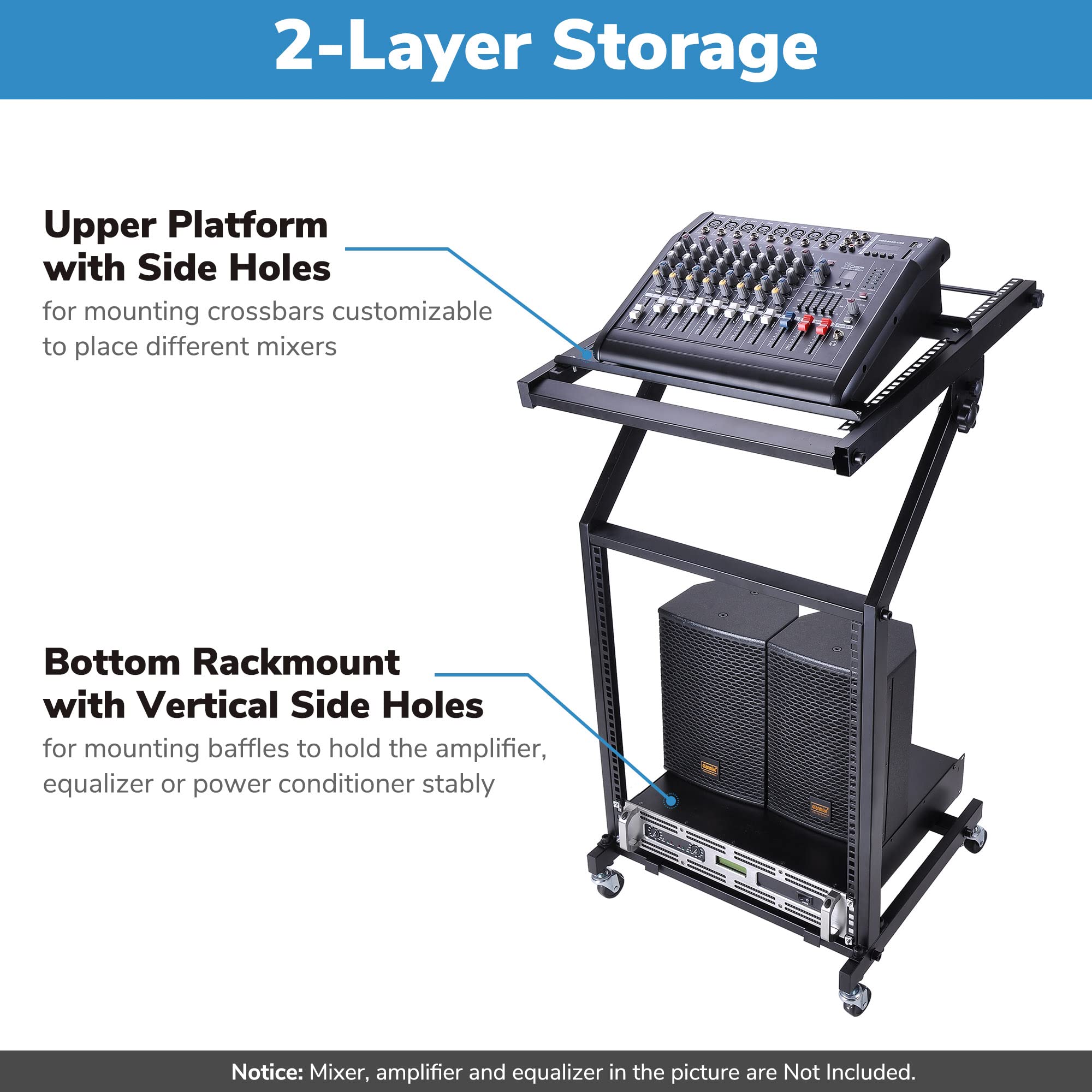 AW Adjustable Rack Mount Studio Equipment Rolling DJ Mixer Stand Stage Cart Music Party Show 12U