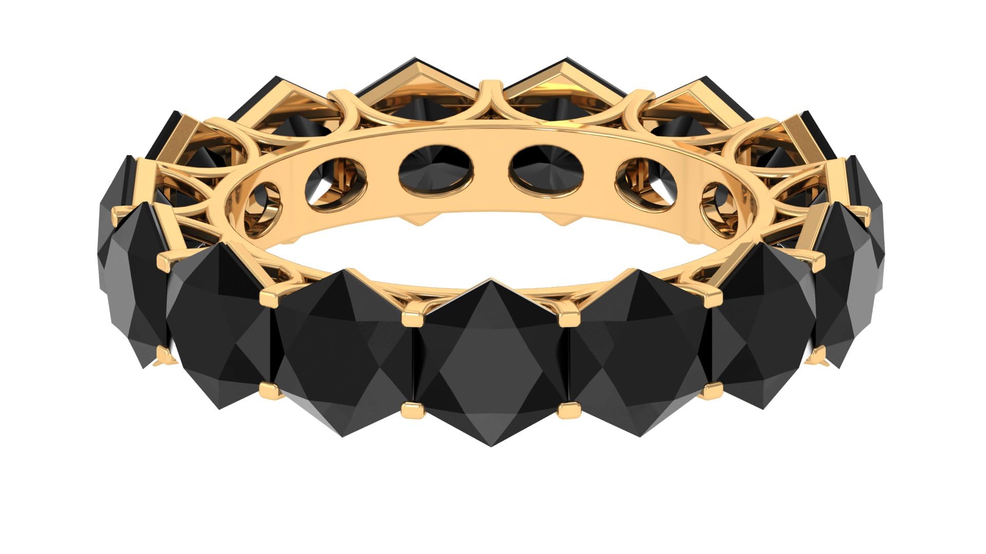 Black Spinel Ring for Women in Gold, Hexagon Cut Black Spinel Eternity Ring in Shared Prong Setting, Black Spinel Gold Ring (AAA Quality), 14K Yellow Gold, Size:US 7.00