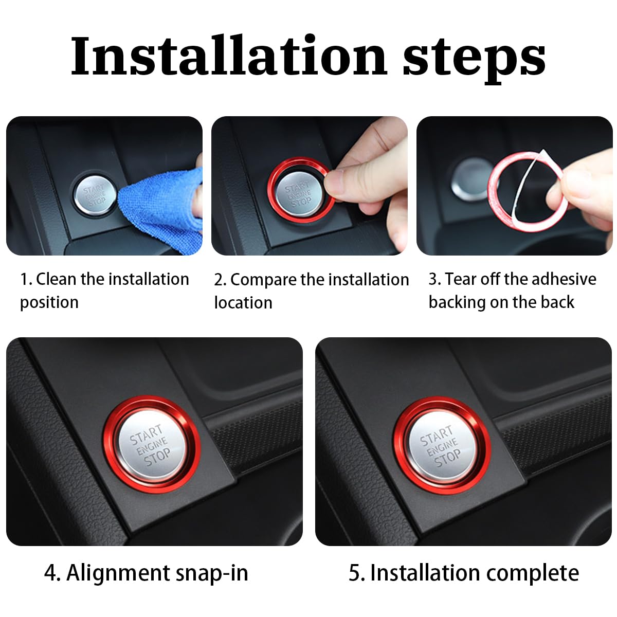 BESULEN Car Push Start Button Cover, Aluminium Alloy Engine Start Stop Button Cover with Metal Ring for Auto Decorations, Car Interior Accessories Ignition Button Cover for A4 A5 A6