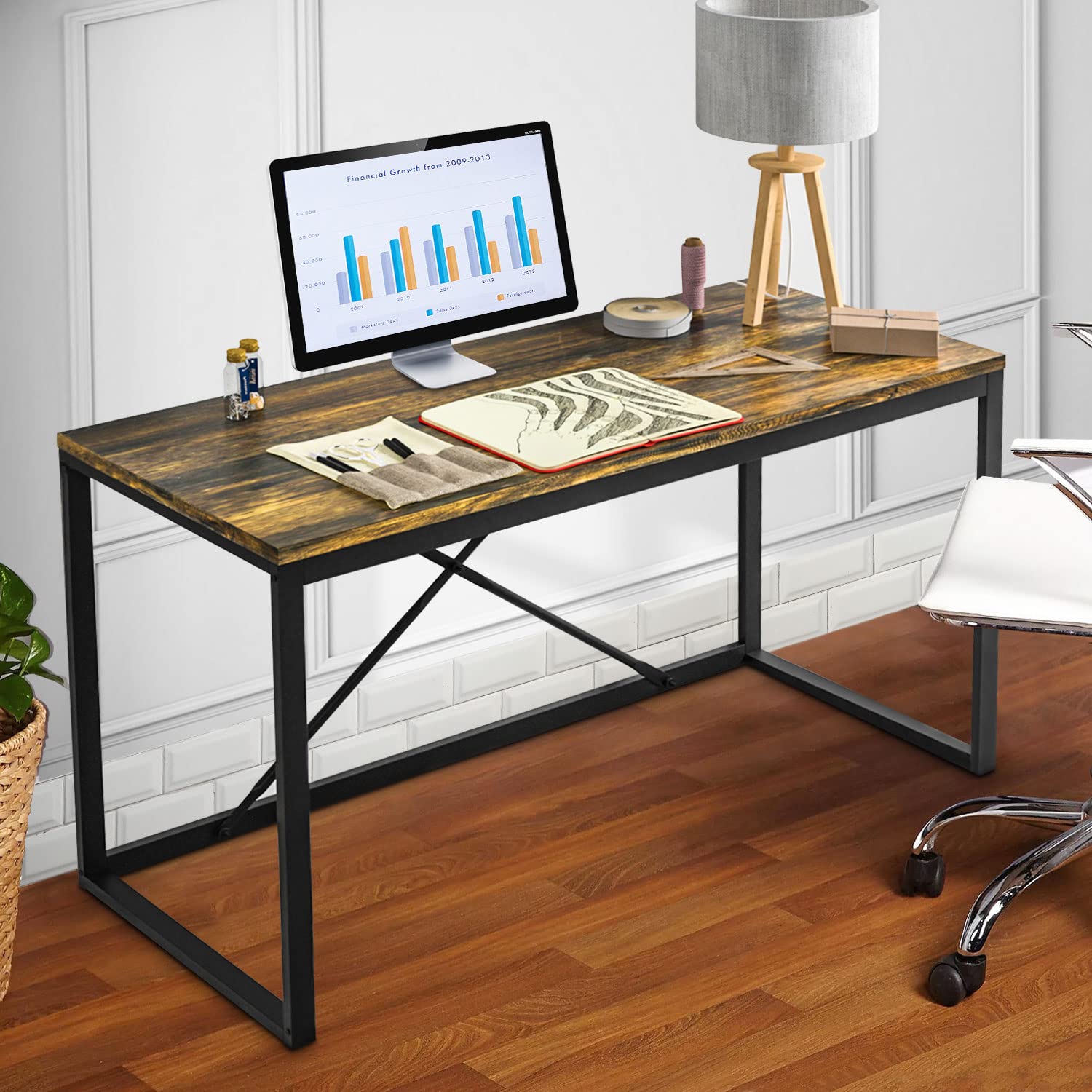 PayLessHere 55 Inch Computer Desk Game Desk Industrial Style Easy Assembly Home Office Writing Table Writing Study Table for Home Office, Vintage Brown