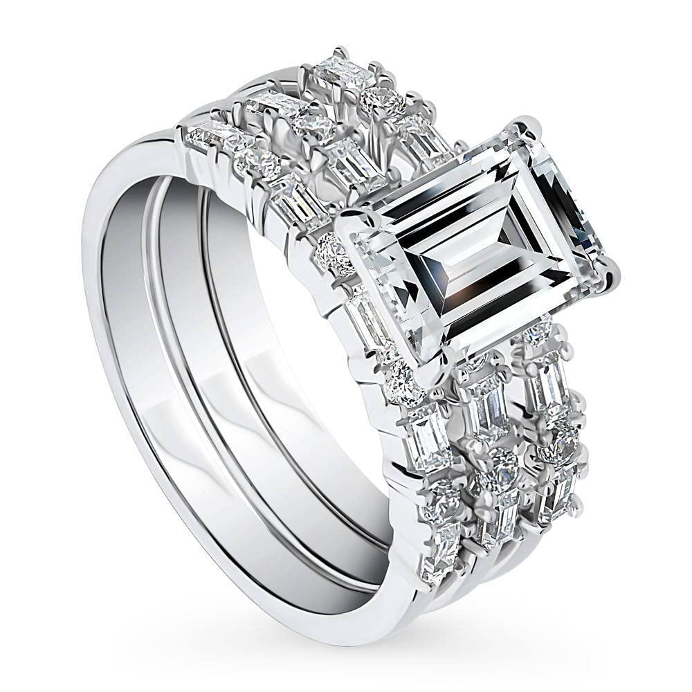 BERRICLE Sterling Silver Solitaire Wedding Engagement Rings 2.1 Carat Emerald Cut Cubic Zirconia CZ Art Deco Ring Set for Women, Rhodium Plated Size 9