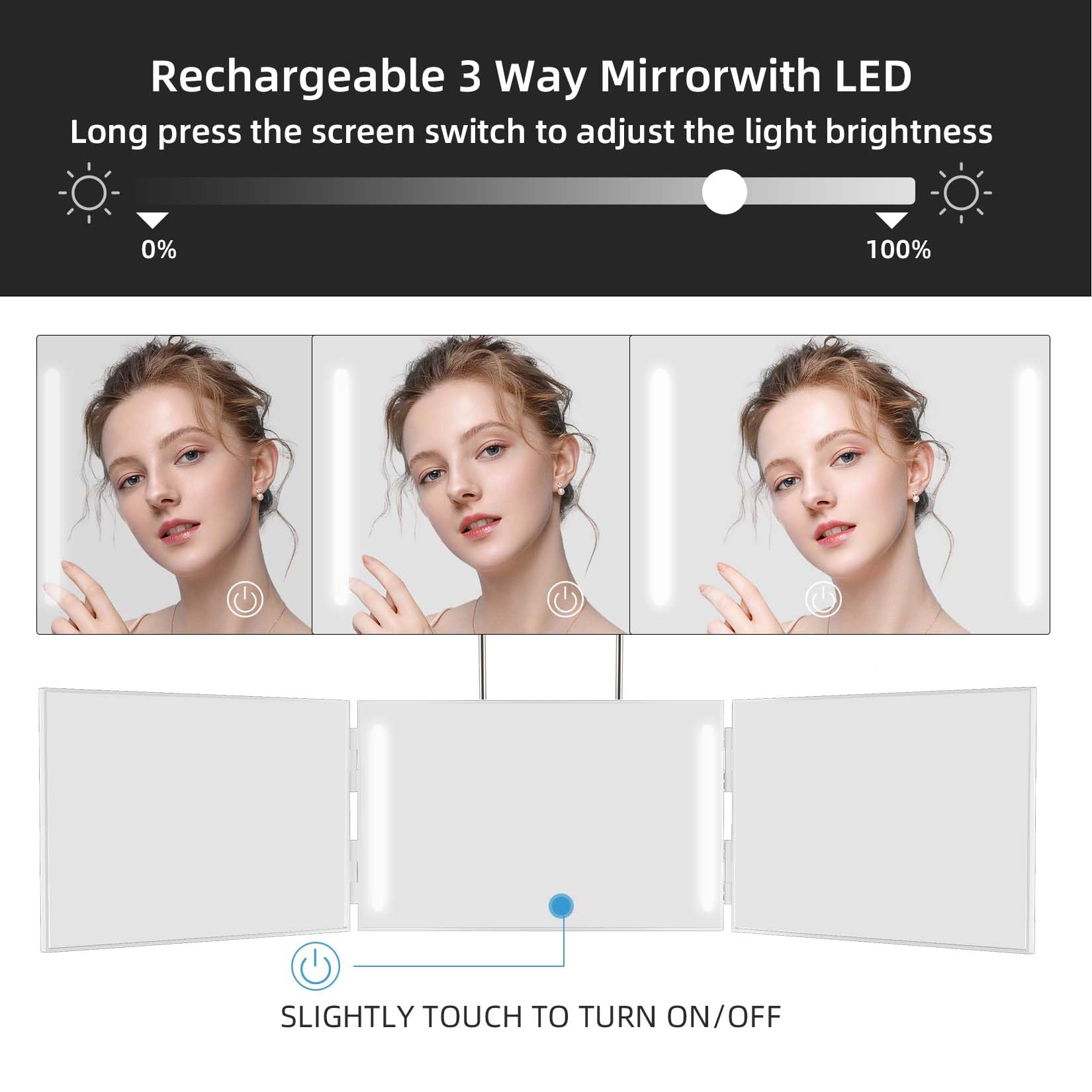 Essbhach 3 Way Mirror for Hair Cutting, 360 Barber Mirror for Women, Barber Supplies Shower 28 LED Mirror, Height Adjustable Hooks, White with LED