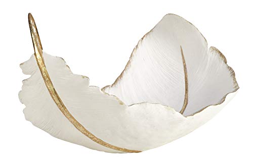 CosmoLiving by Cosmopolitan Polystone Bird Curved Feather Decorative Bowl with Distressed Gold Accents, 13" x 8" x 8", White, SMALL SIZE