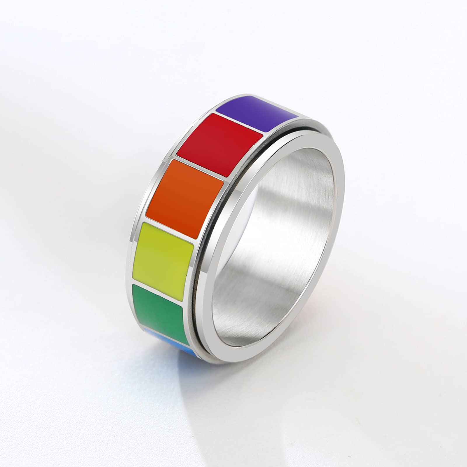 ANIEJUFI Stainless Steel Rainbow LGBT Spinner Ring Gay Lesbians Pride Jewelry Fidget Band Rings for Men Women Silver Size 12