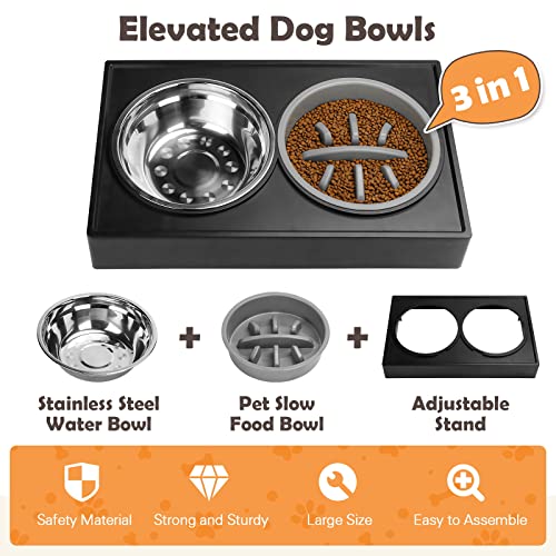 Elevated Dog Bowl, 3 Adjustable Raised Dog Bowl, with Slow Feeding Bowl and 1.5l Water Bowl Heights 2.7”, 8.26”, 10.82” with Suitable for Small Medium Large Dogs Cats