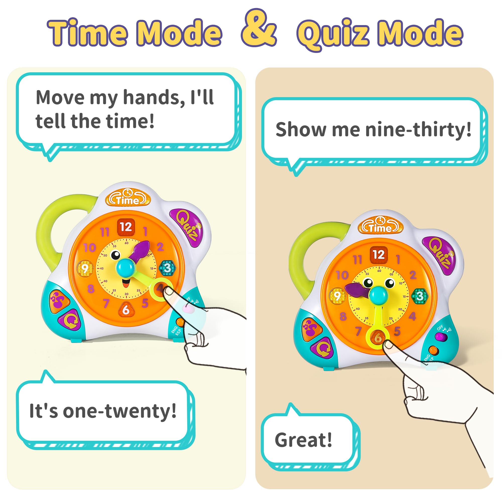 iPlay, iLearn Electronic Teaching Telling Time Learn Clock Toy, Kids Bilingual Teach and Talk Play Clock, Time Activity Toys, Kindergartn Homeschool Supplies for 4 5 6 7 8 Year Old Girls Boys Children