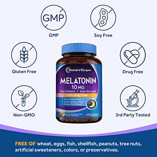 Doctor‘s Recipes Melatonin 10 mg Fast Dissolve 120 Tablets, Natural Sleep Support, Promote Relaxation & Calmness, Non-GMO, Natural Strawberry Flavor, No Water Needed