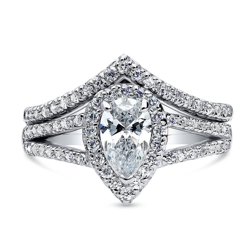 BERRICLE Sterling Silver Halo Wedding Engagement Rings Pear Cut Cubic Zirconia CZ Split Shank Ring Set for Women, Rhodium Plated Size 7.5