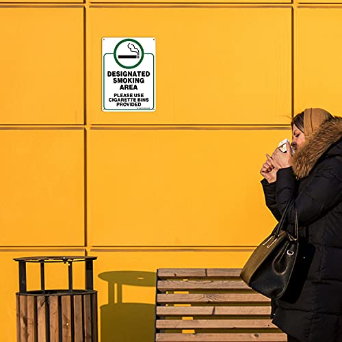 Designated Smoking Area Sign, Use Cigarette Bins Sign - 2 Pack - 10 x 7 Inches Rust Free .040 Aluminum - UV Protected, Waterproof, Weatherproof and Fade Resistant - 4 Pre-drilled Holes