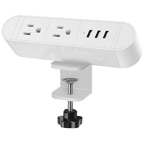 Desk Clamp Power Strip,The Clamp Edge Mount Power Center,Aluminum Alloy Fireproof Desktop Power Socket,Desktop Charging Station(White) (2AC & 3 USB)