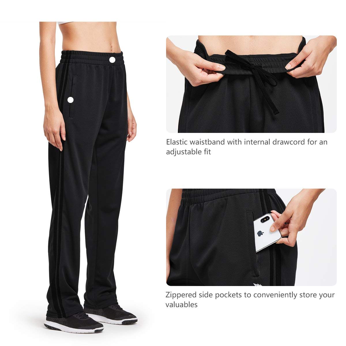 BALEAF Women's Track Pants Athletic Jogging Sweatpants Zipper Pockets Warm-Up Sports Running Pants Black/Black Size XL