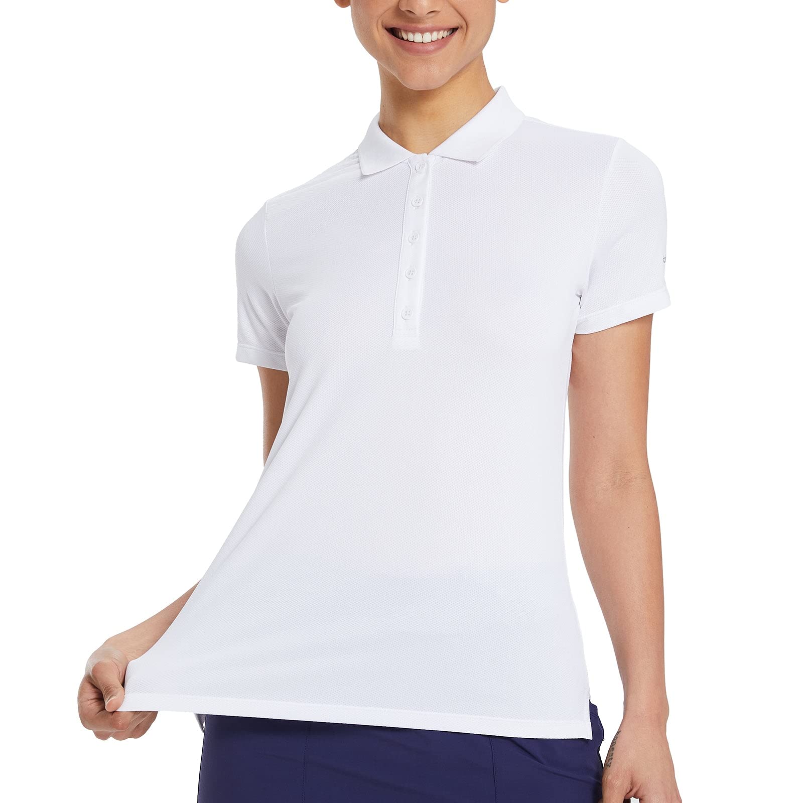 BALEAF Women's White Polo Shirts for Golf Short Sleeve Tops Quick Dry UPF50+ Lightweight 5-Button Pique Uniform Size L