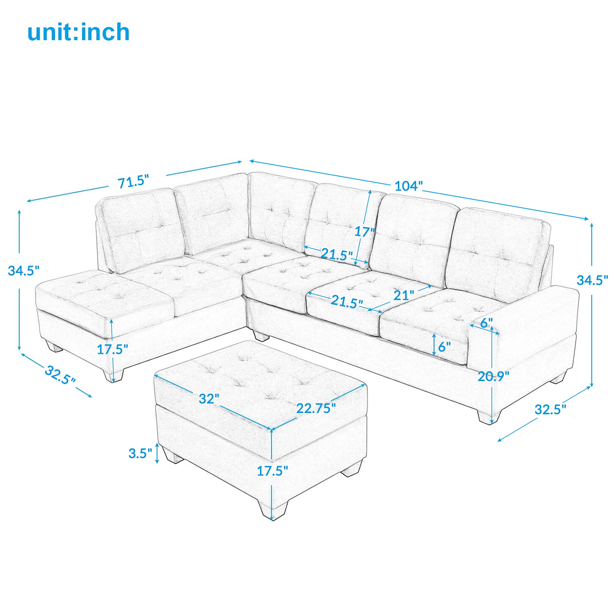 Merax L Shaped Sectional Sofas 3-Seat Sofa Sets Sectional Sofa Couches with Reversible Chaise Lounge, Cup Holders and Storage Ottoman for Living Room Furniture (Grey)