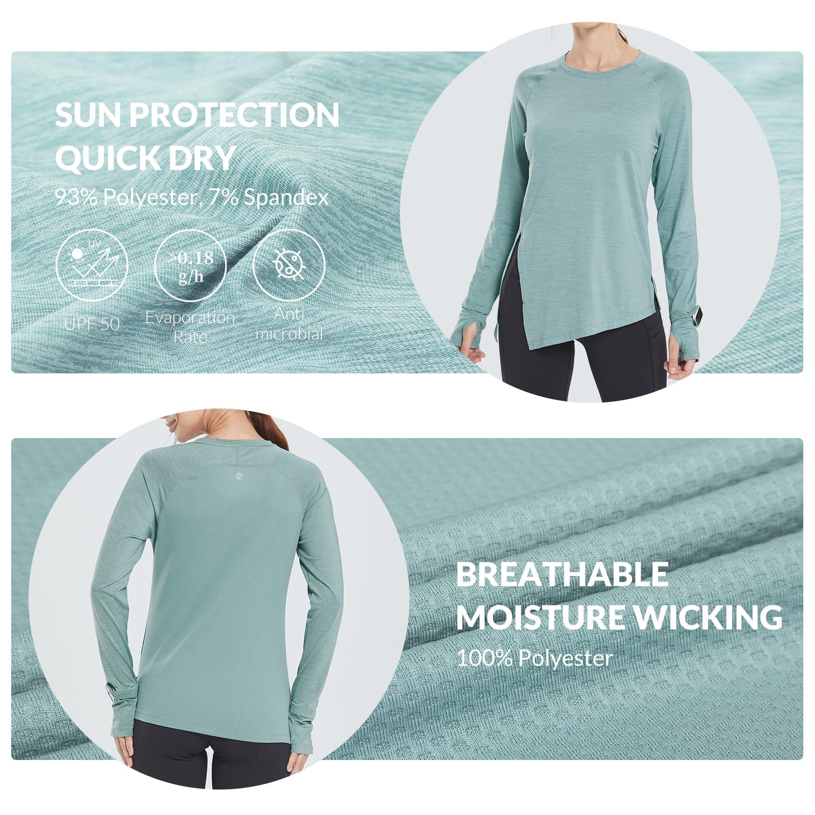 BALEAF Women's UPF 50+ Long Sleeve Sun Protection Shirts SPF Hiking Shirts Quick Dry Tie Front Side Slit Running Blue XL