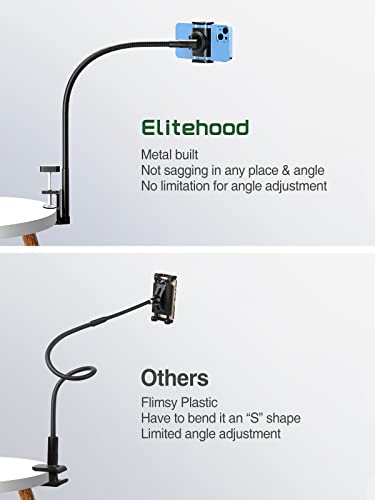 elitehood Aluminum Gooseneck Phone Holder for Bed [360° Swivel Tilt Rotation] - Long & Flexible Bed iPhone Holder, Overhead Cell Phone Mount Stand for Desk, Compatible with 4-7’’ Cellphone