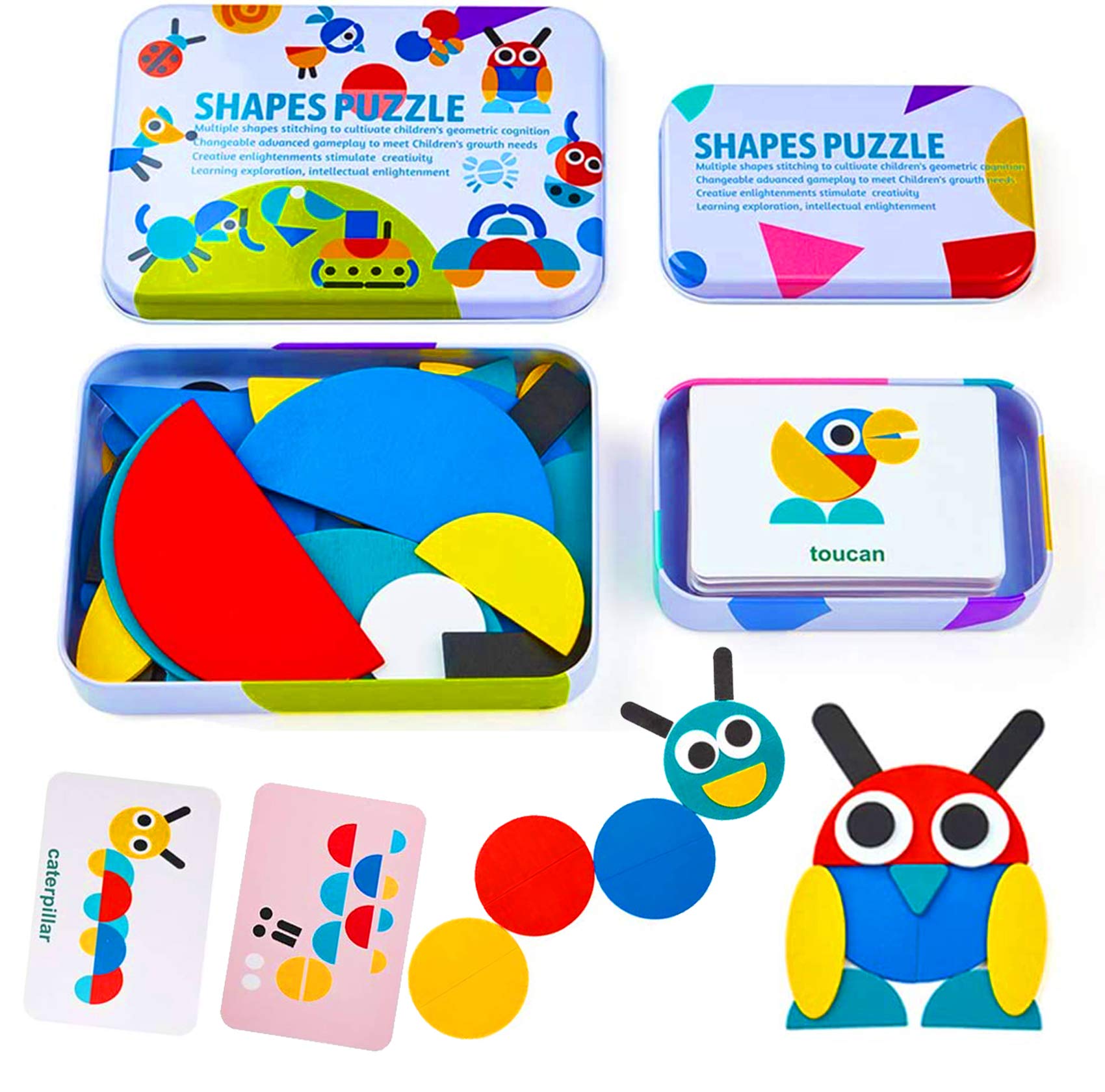 Shape Puzzle - Animals Jigsaw Puzzle Sorting and Stacking Games Montessori Educational STEM Toys for Toddlers Kids Boys Girls Age Over 3 Years Old (36 Shape Pieces & 60 Design Cards)