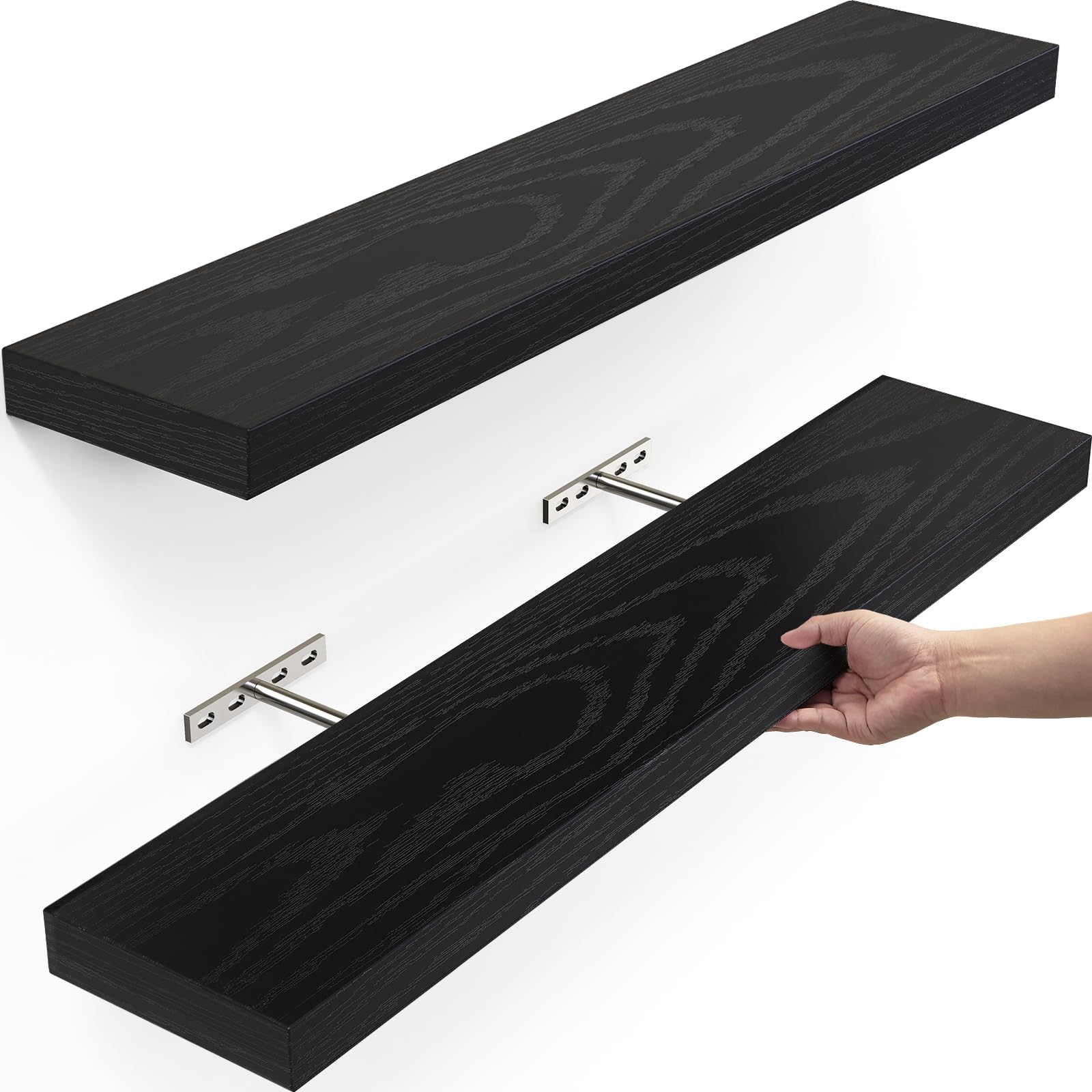 BAYKA Floating Shelves, Wall Mounted Rustic Wood Shelves for Bathroom, Bedroom, Living Room, Kitchen, Office, 22.5" Hanging Shelf for Books/Storage/Room Decor with 22lbs Capacity (Black, Set of 2)