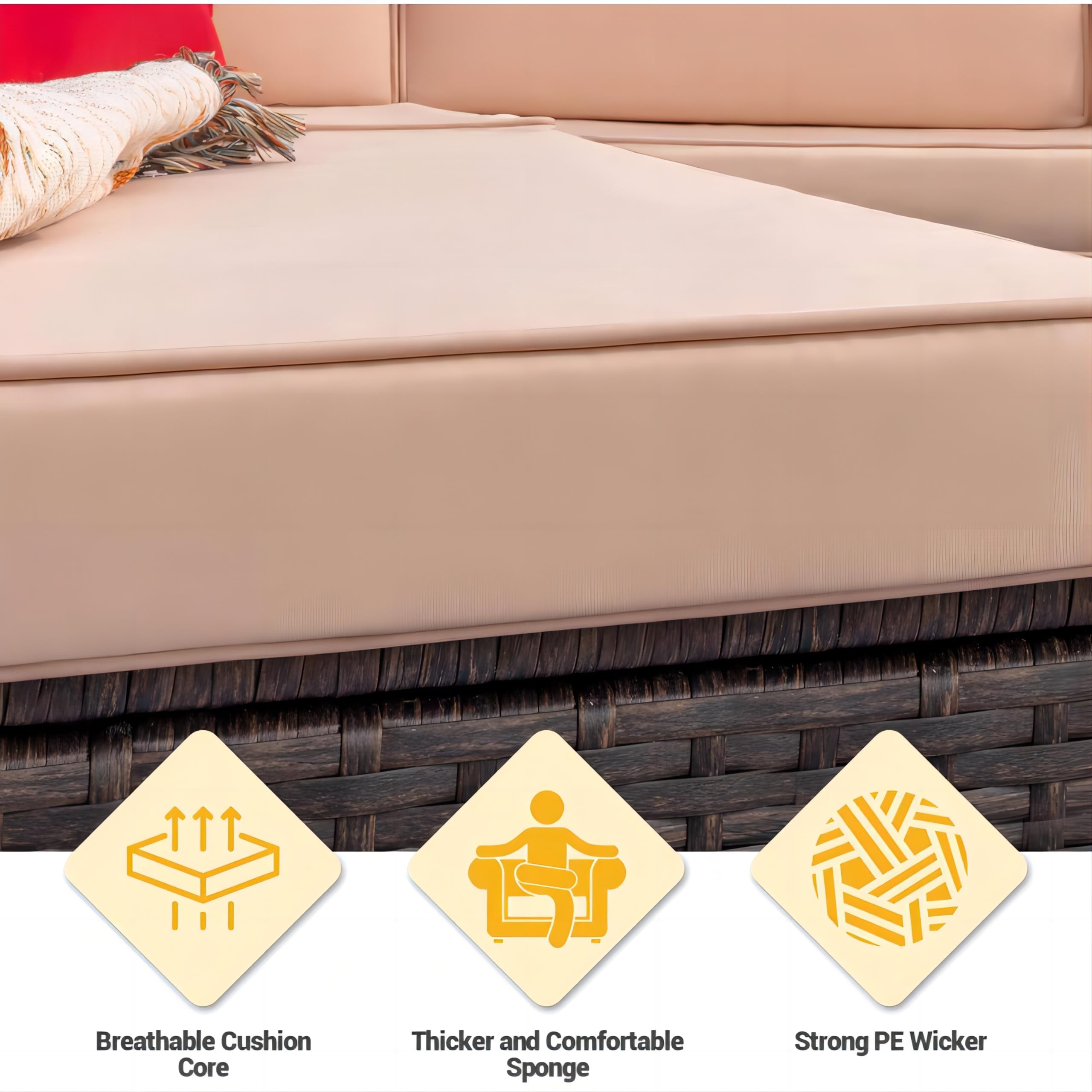 Greesum Patio Furniture Sets 6 Piece Outdoor Wicker Rattan Sectional Sofa with Cushions, Pillows & Glass Table, Beige