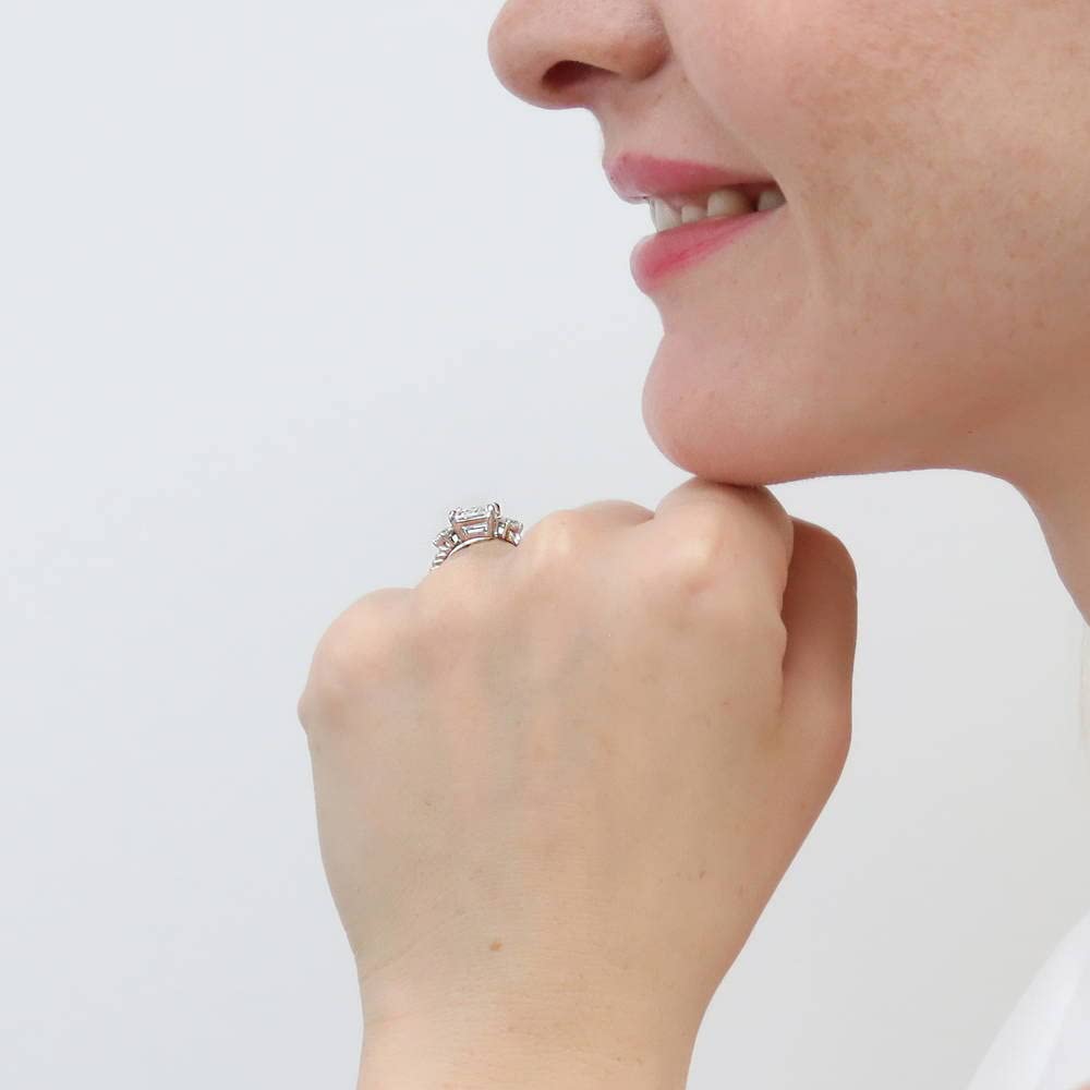 BERRICLE Sterling Silver 3-Stone Wedding Engagement Rings Emerald Cut Cubic Zirconia CZ Woven Ring for Women, Rhodium Plated Size 7