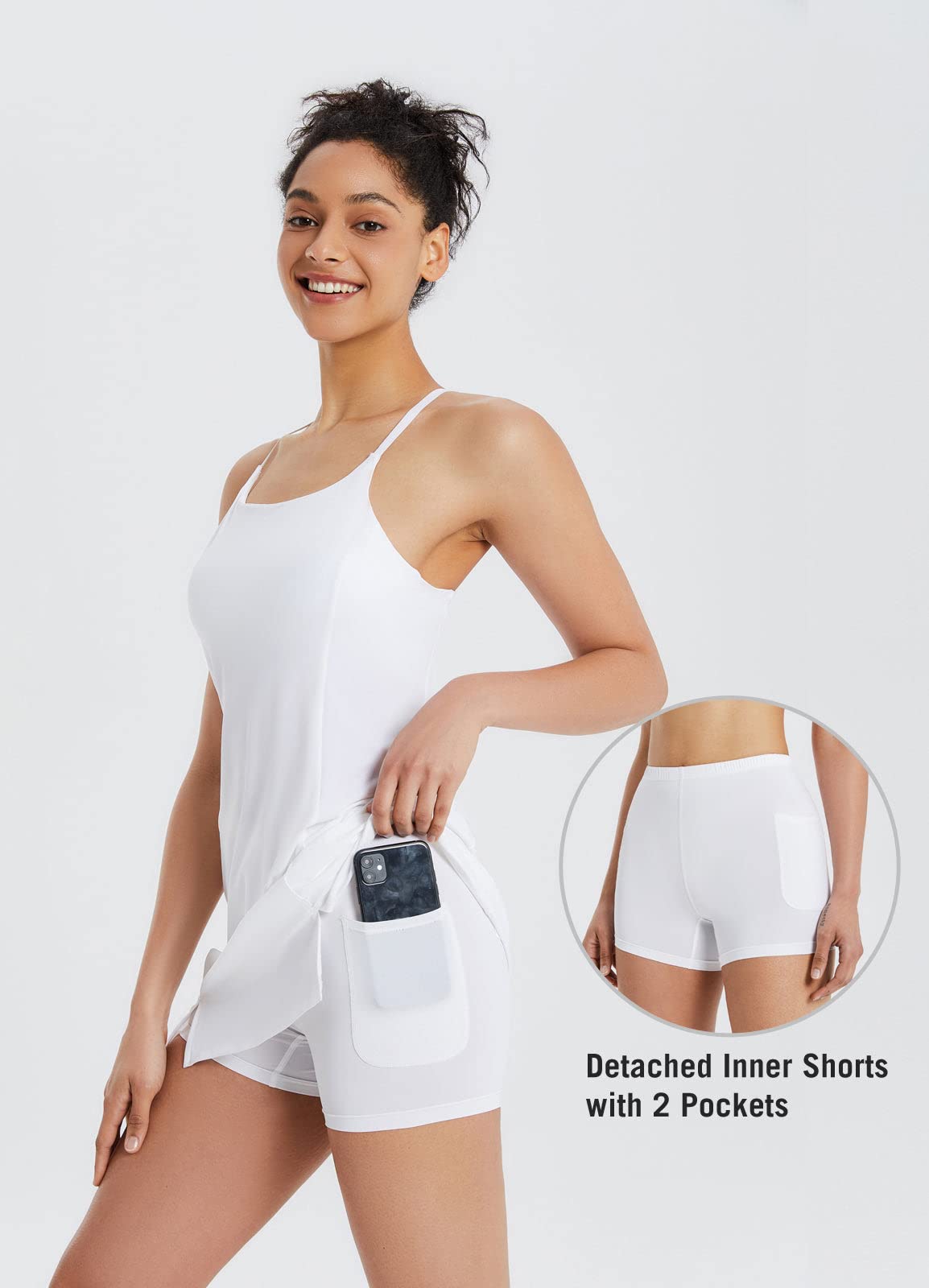 BALEAF Women's Tennis Dress with Shorts Built-in Bra Athletic Workout Dress Pockets Adjustable Strapss White XS