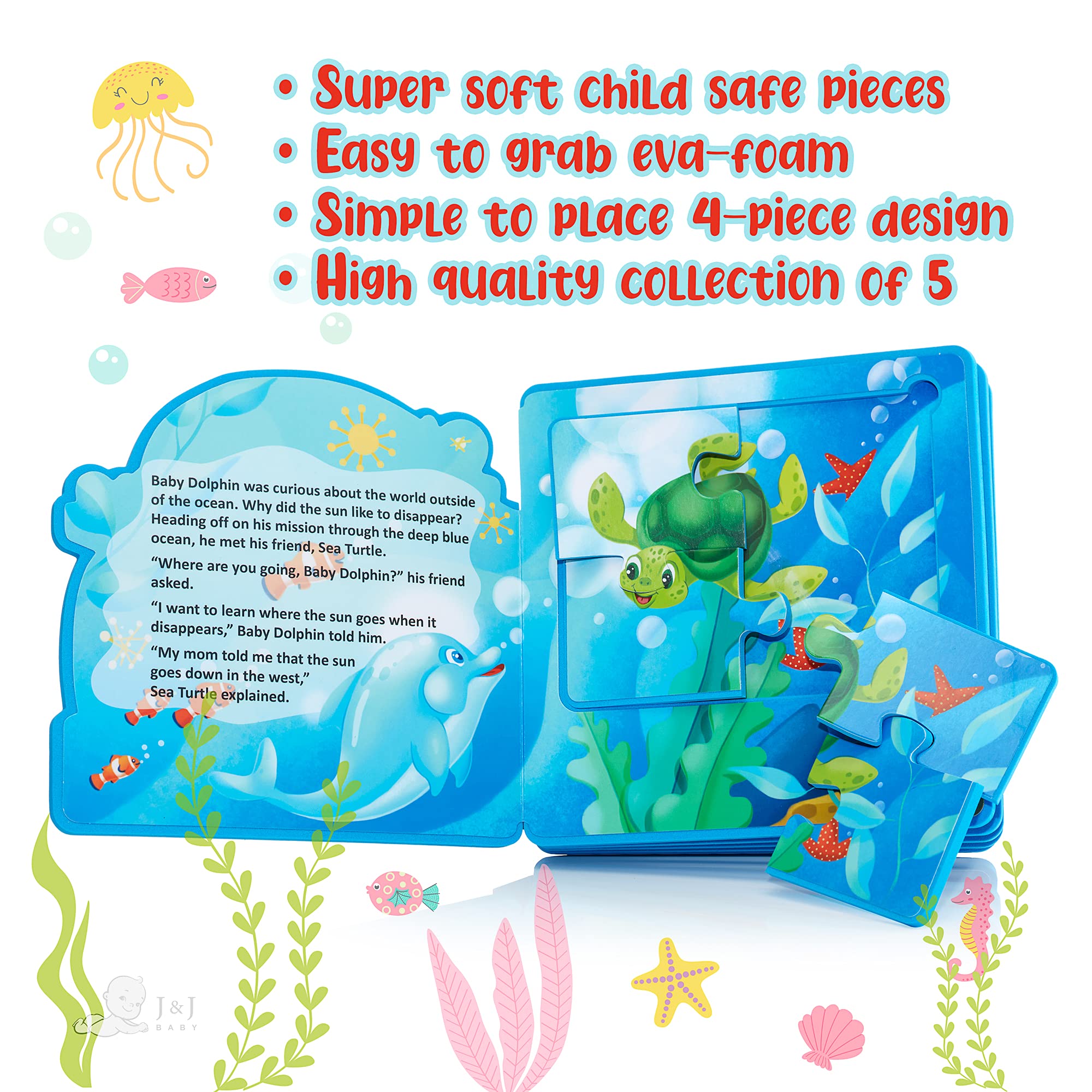 J&J Baby Toddler Puzzles - 5x4-Pieces Dolphin Adventure Soft Jigsaw Puzzles for Toddlers - Set of 5 Educational Learning Puzzles Book for Kids 2-3 Years Old