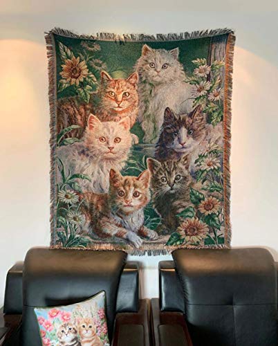 EZ.enjoy Garden Cat Flower Woven Tapestry Throw Blanket with Fringe 50X60 inches