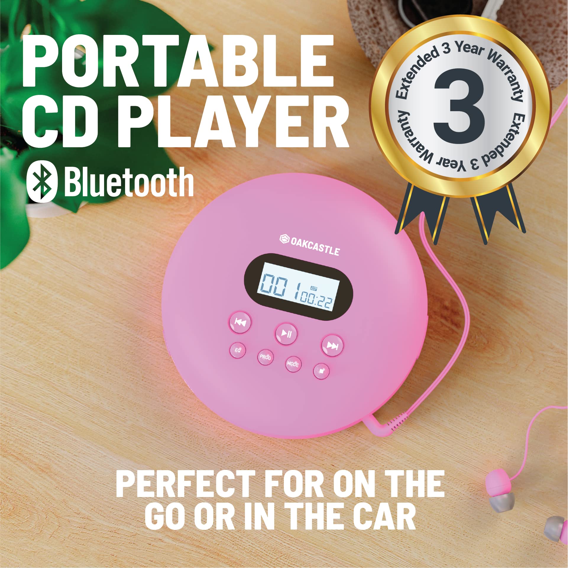 CD Player Portable, Rechargeable Portable CD Player w/Bluetooth 5.3, 12Hr Playtime, Small CD Players for Car (AUX only) | Oakcastle CD100 Portable CD Player w/Headphones, CD Walkman, Discman (Pink)