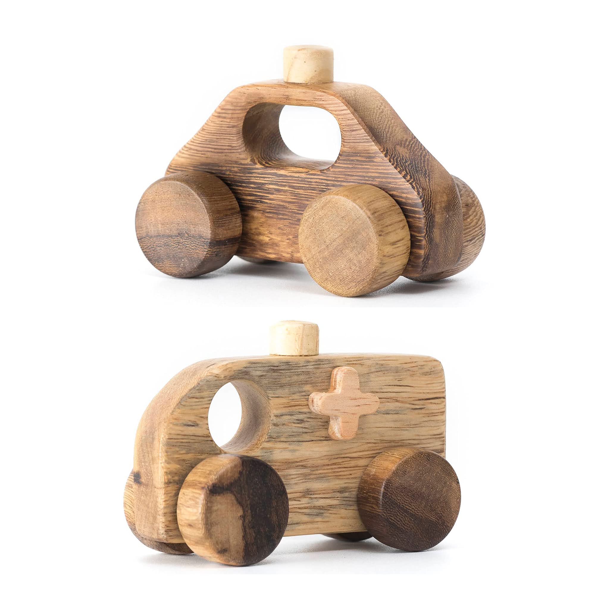 VINNY Unpainted Wooden Vehicle Cars for Toddlers, Handmade in Vietnam (Police car and Ambulance)