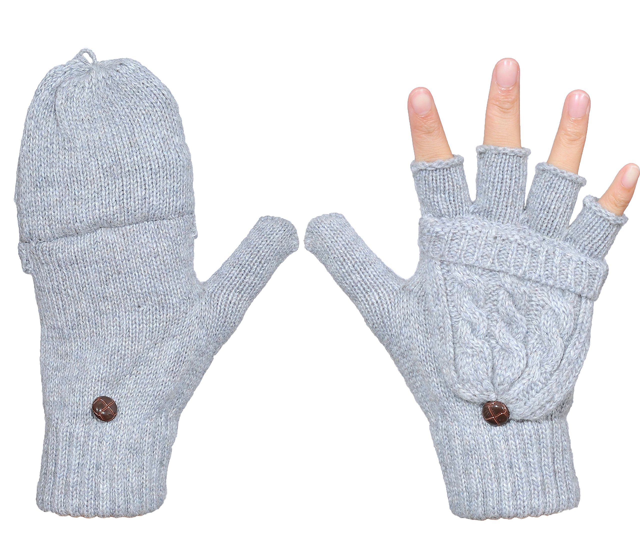 Beurlike Women's Winter Gloves Warm Wool Knitted Convertible Fingerless Mittens (Gray)