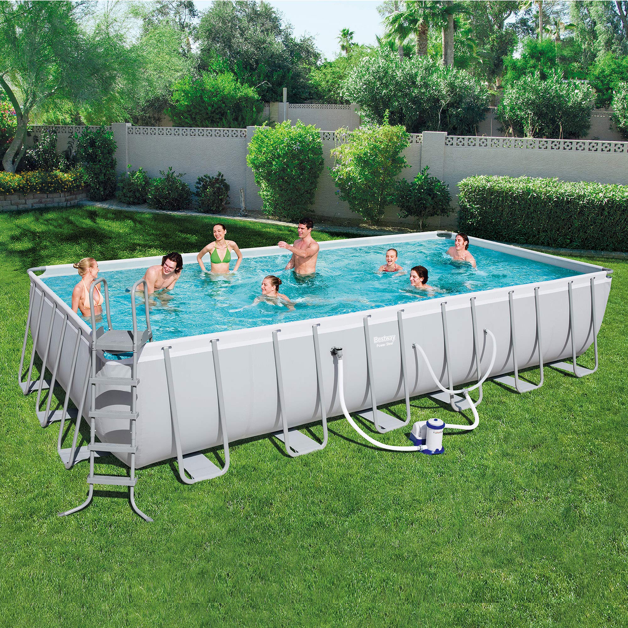 Bestway 56542E 24ft x 12ft x 52in Steel Frame Above Ground Rectangular Swimming Pool Set with 2500 GPH Filter Pump, Cover, Ladder & Cleaner