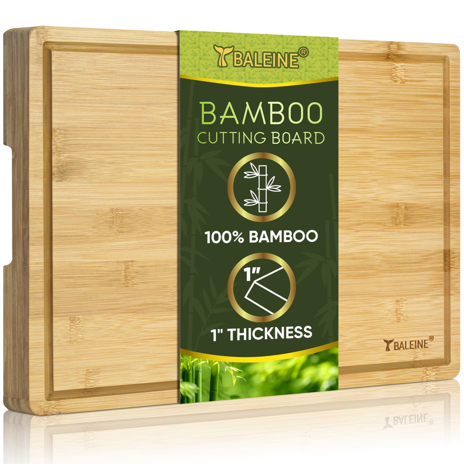 BALEINE Large Bamboo Cutting Board, 1” Extra Thick Cutting Boards for Kitchen, Wood Cutting Board with Integrated Juice Grooves and Handles (16" x 11" x 1")
