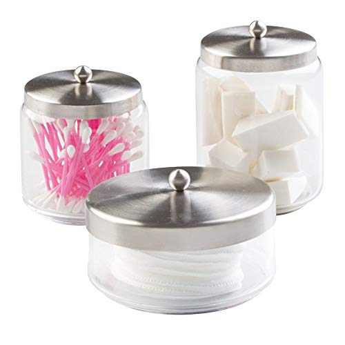 iDesign Forma Bathroom Vanity Glass Apothecary Jar for Cotton Balls, Swabs, Cosmetic Pads - Clear/Brushed Stainless Steel