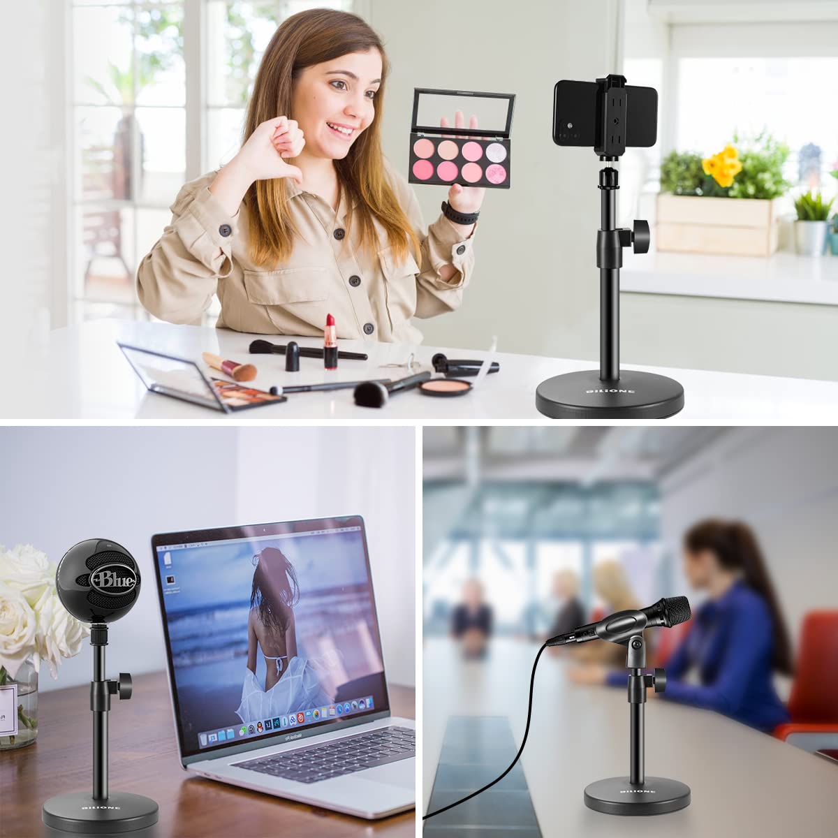 BILIONE 3 in 1 Multi-Function Desktop Microphone Stand, Adjustable Table Mic Stand with Microphone Clip, Cell Phone Clip, 5/8" Male to 3/8" Female Metal Adapter