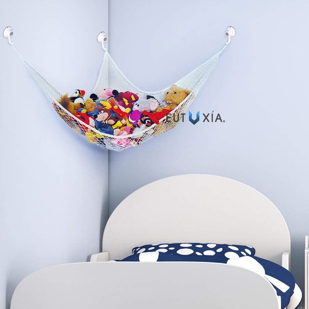 Eutuxia Toy Storage Hammock + Hooks Bundle. Large Organizer for Stuffed Animals, Balls, Toys, Etc. Great Way to Organize Kids & Children's Rooms, Bathrooms. Secure Mesh Net with Strong Adhesive Hooks.