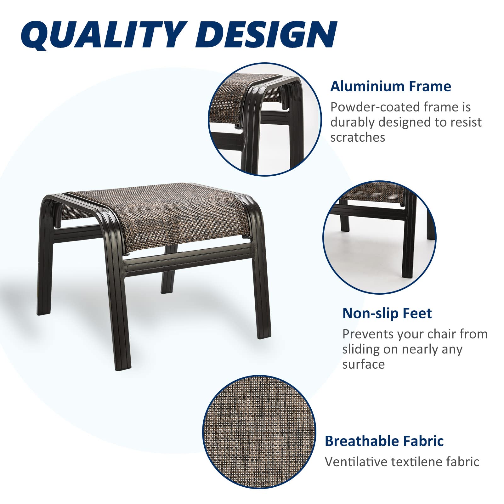 Deugold Outdoor Patio Foot Rest Ottoman Seat Textilene Portable Metal Footstool Portable Patio Chairs 2 Set Brown