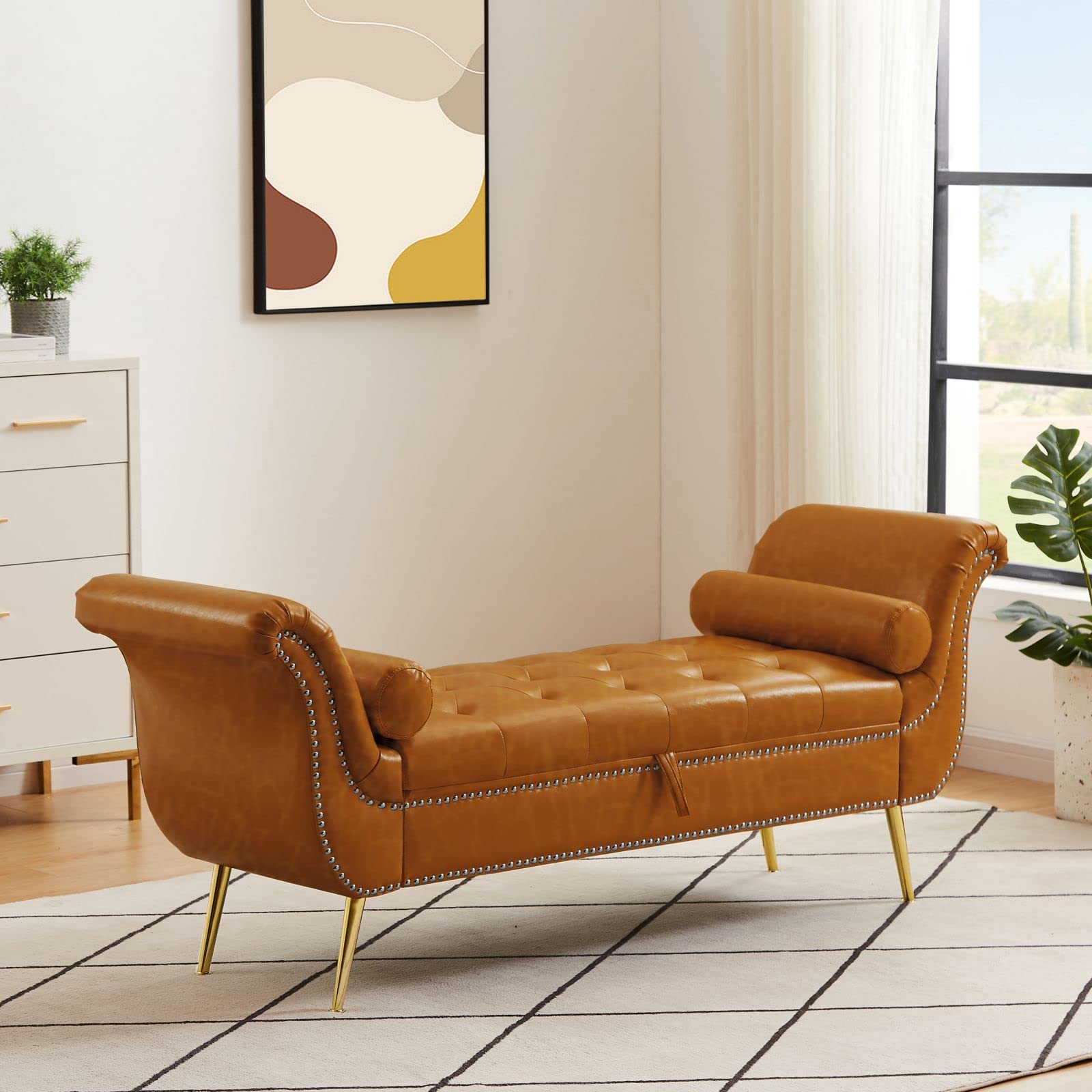 Betoko PU Leather Storage Benches End of Bed Vintage Flared Rolled Armed Bedroom Ottoman Bench Button Tufted Entryway Window Seating Bench Living Room Footrest Stool (Light Brown)