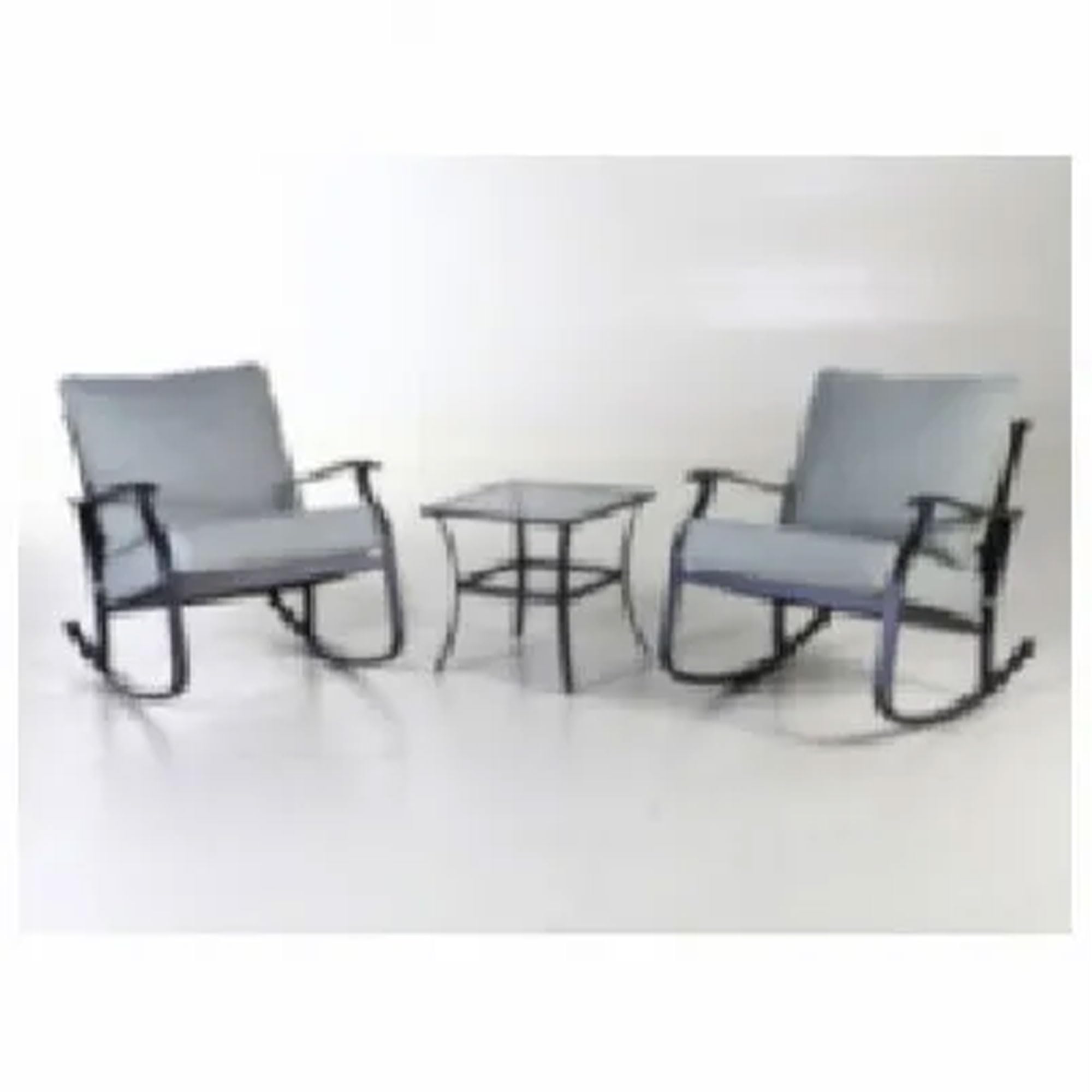 Four Seasons Courtyard Gramercy 3 Piece Cushioned Rocking Chairs Outdoor Backyard Patio Furniture Bistro Set with Square Side Table, Charcoal Gray