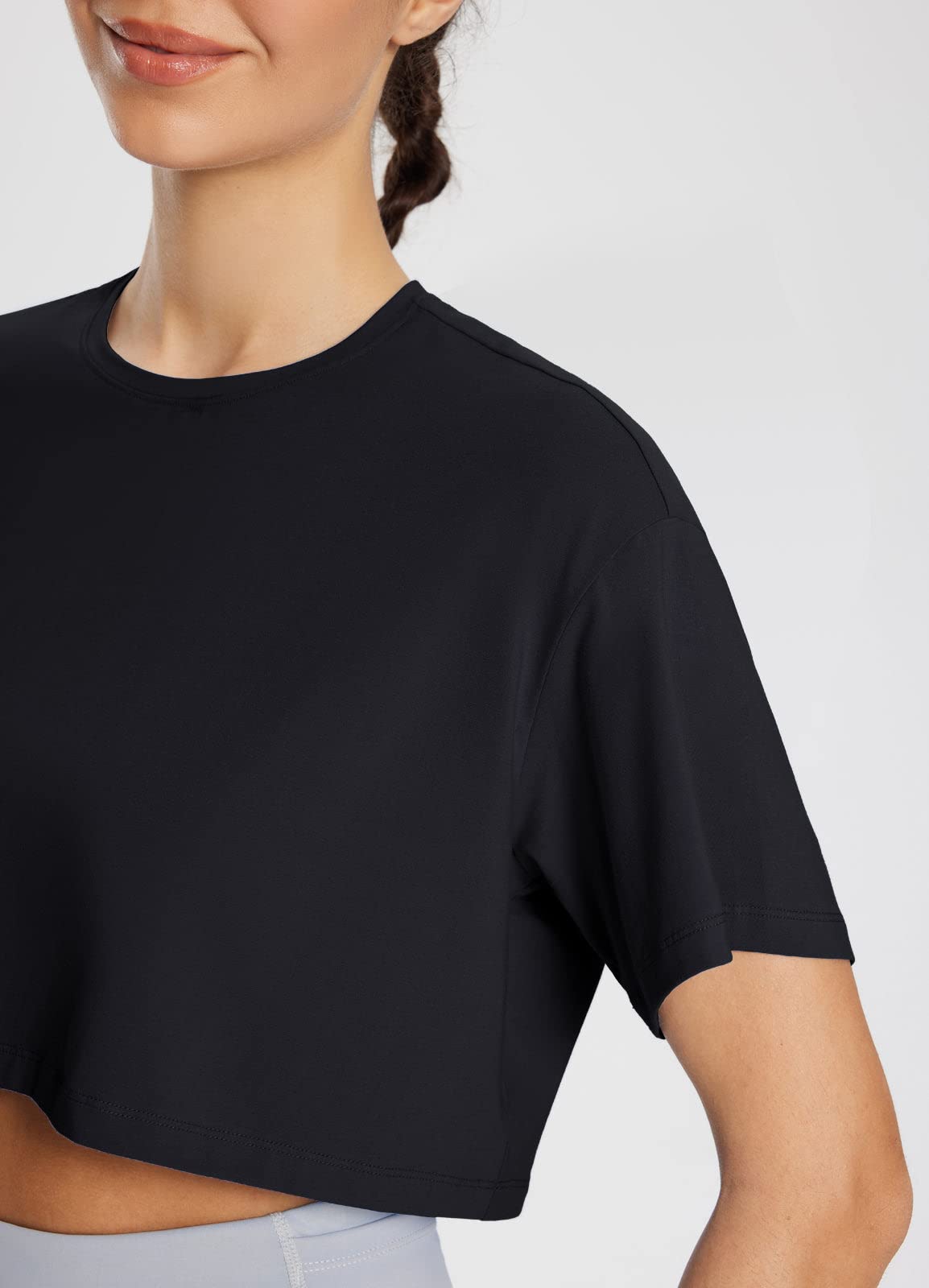 BALEAF Women's 𝐏𝐢𝐦𝐚 𝐂𝐨𝐭𝐭𝐨𝐧 Workout Crop Tops [Loose Fit] [Cute Crewneck] Short Sleeve Gym Athletic Casual T-Shirts Black L