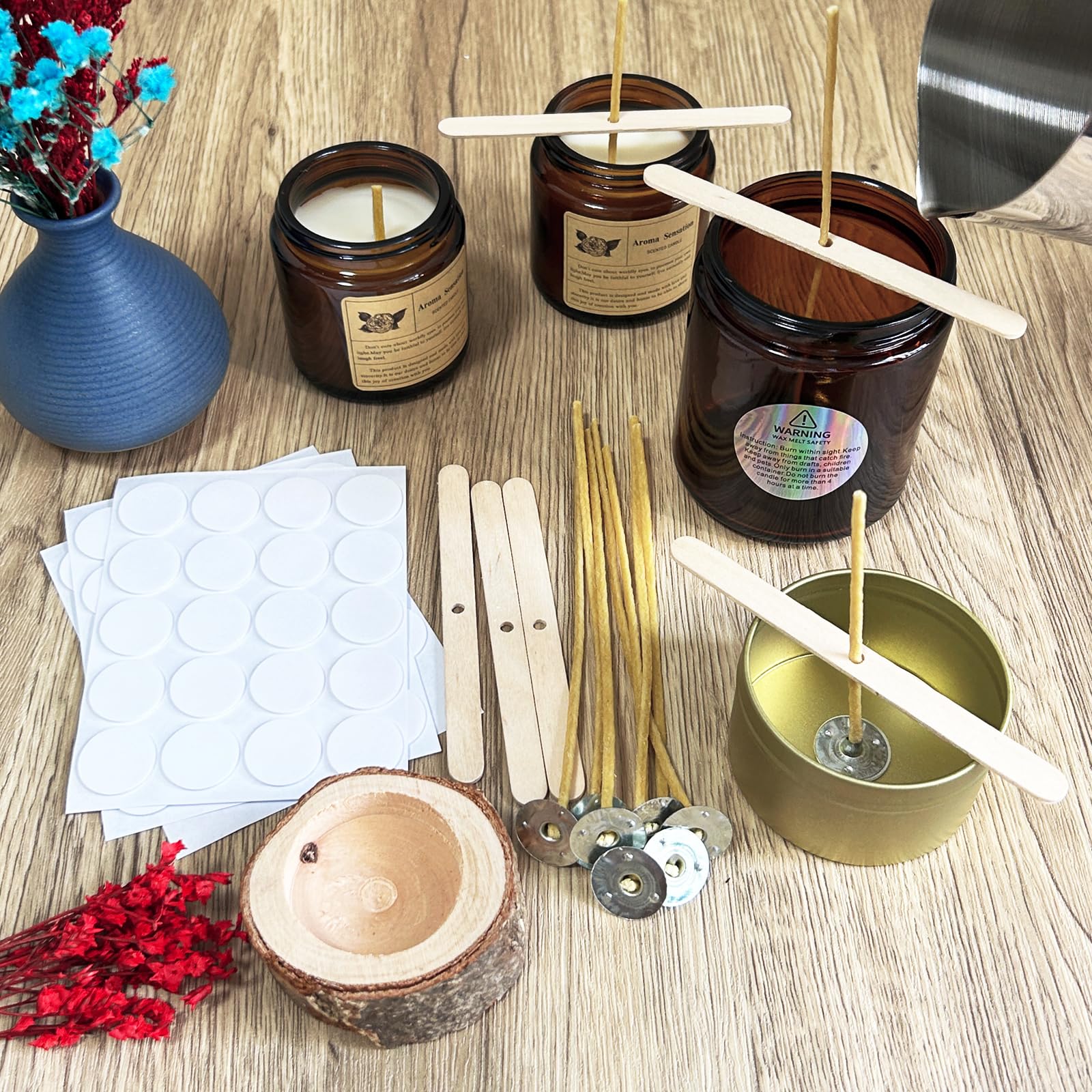 Nuozme 50 Pcs 6" Natural Candle Wicks,Pre-Waxed by 100% Beeswax & Tabbed with 60Pcs Candle Wick Stickers and 5 Pcs Wooden Candle Wick Centering Device, for Candle Making,Candle DIY